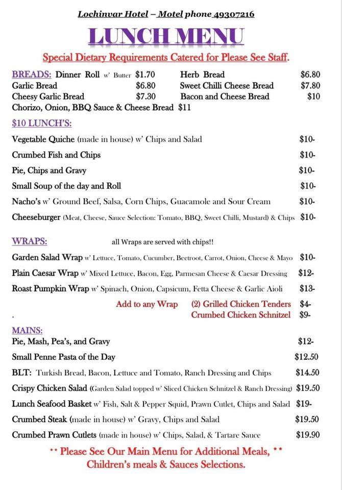 Menu at Lochinvar Hotel pub & bar, Lochinvar