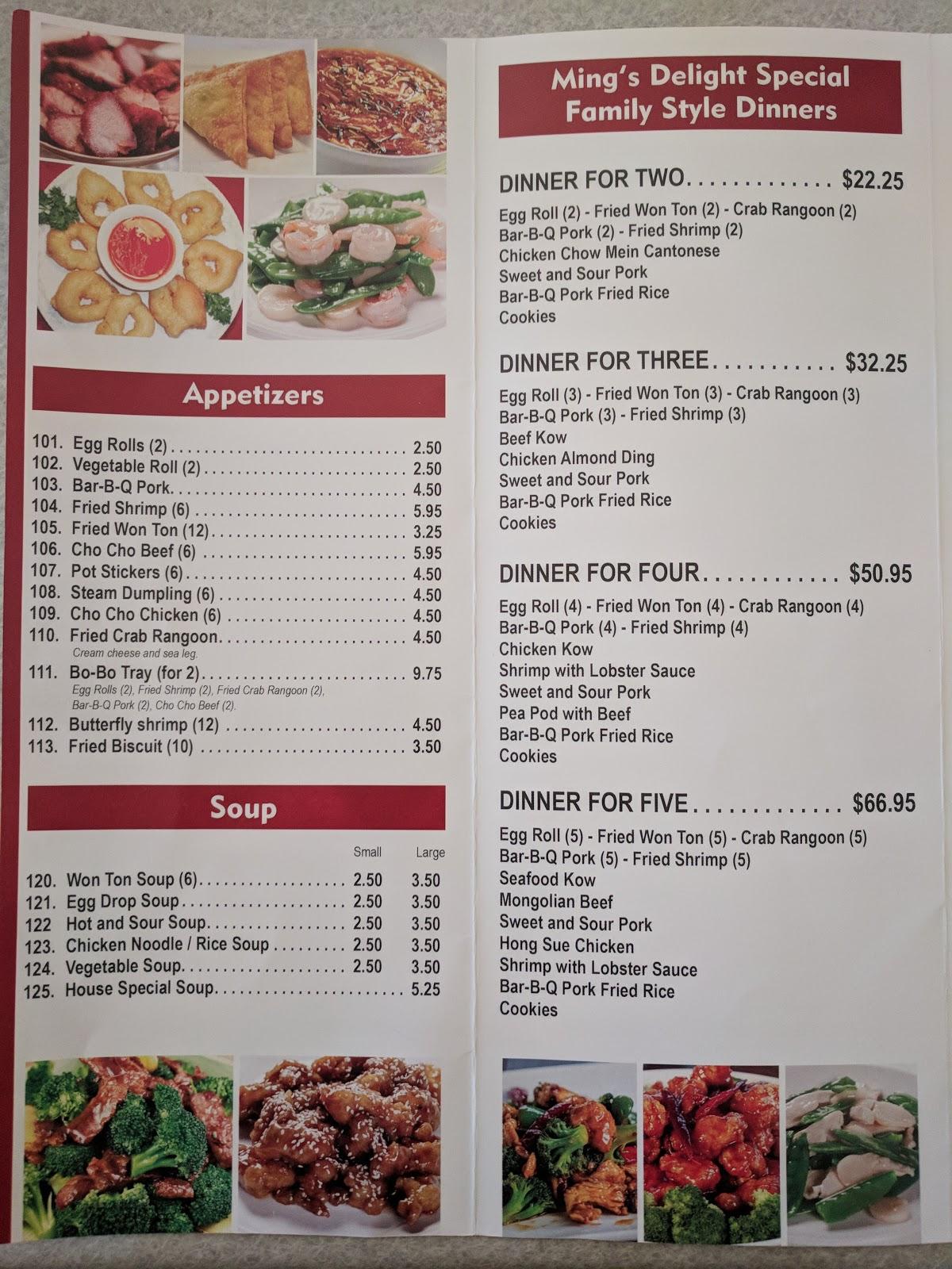 Menu at Ming's Garden restaurant, Marengo