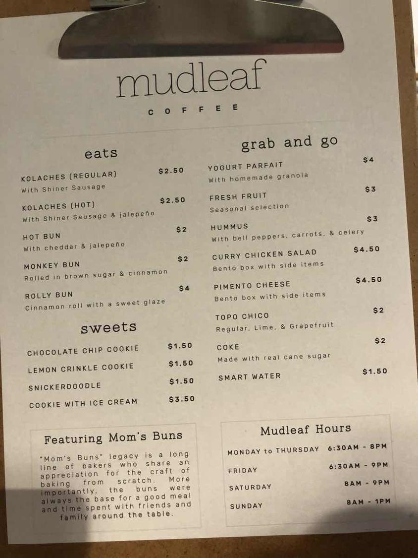 Menu at Mudleaf Coffee cafe, Plano