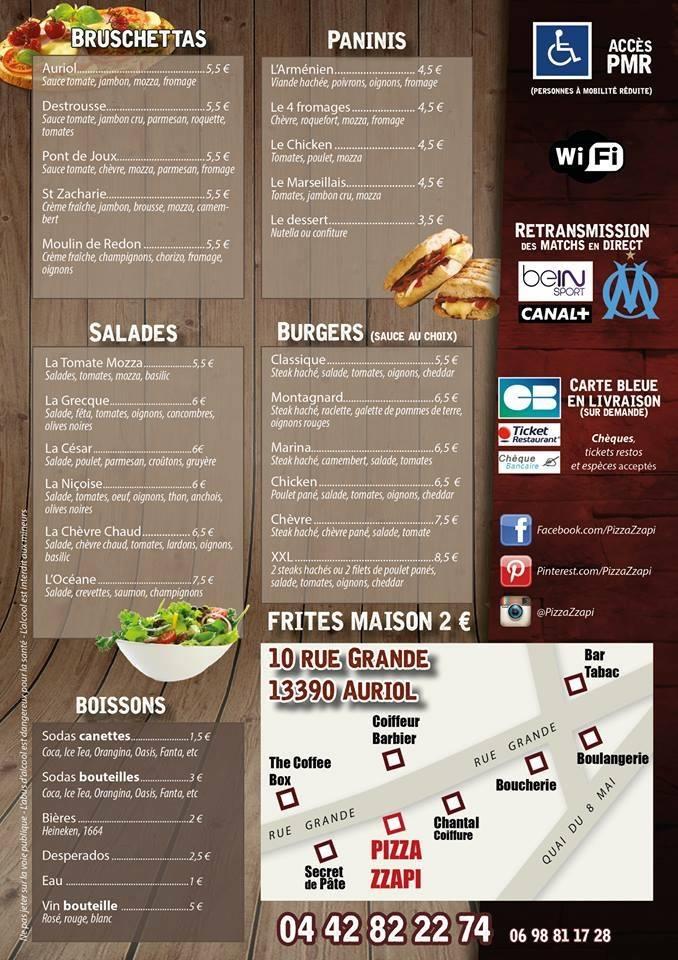 Menu at Pizza Zzapi pizzeria, Auriol