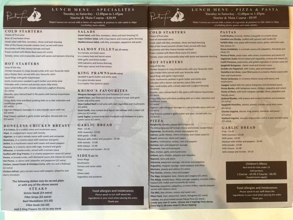 Menu at Portofino restaurant, Hartlepool