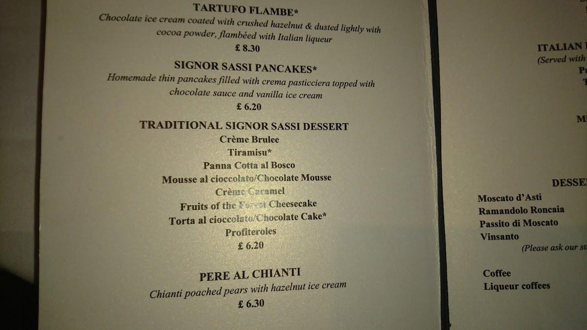 Menu at Signor Sassi restaurant, London