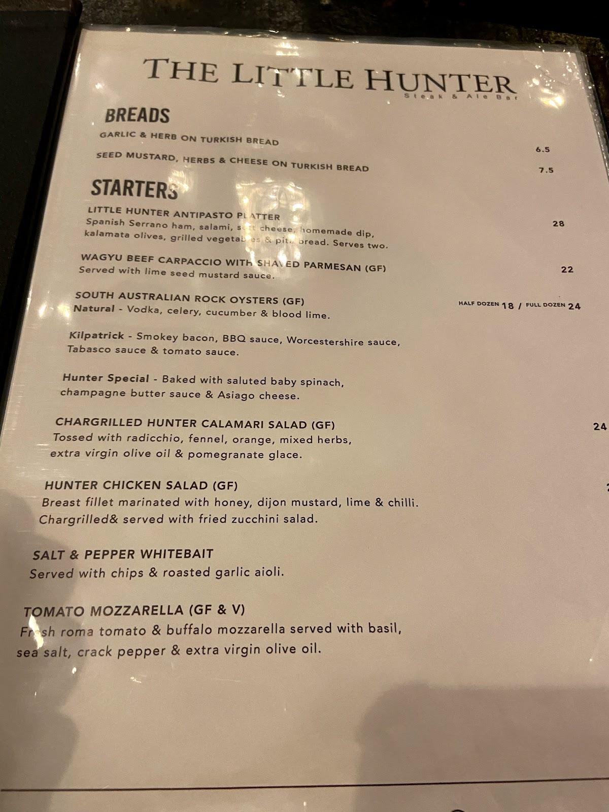 Menu at The Little Hunter pub & bar, Adelaide