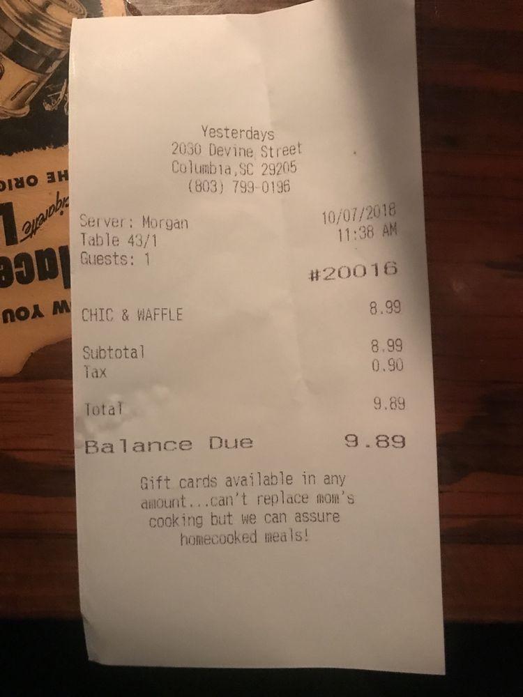 Menu at Yesterdays Restaurant & Tavern, Columbia