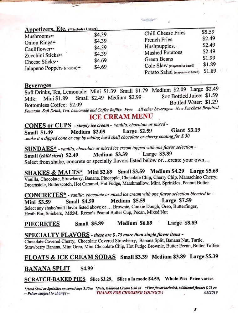 Menu at Young's Restaurant & Ice Creamery, Valley Park