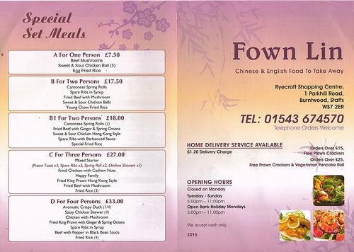 Menu at Fown Lin fast food, Burntwood