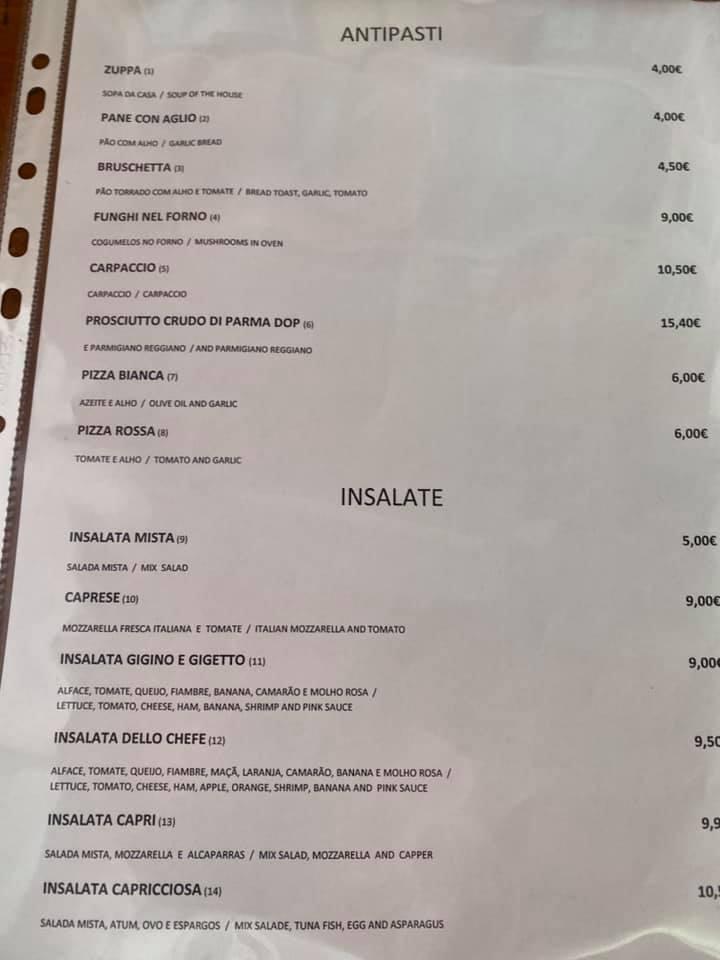 Menu em Gigino e Gigetto restaurante, Cascais