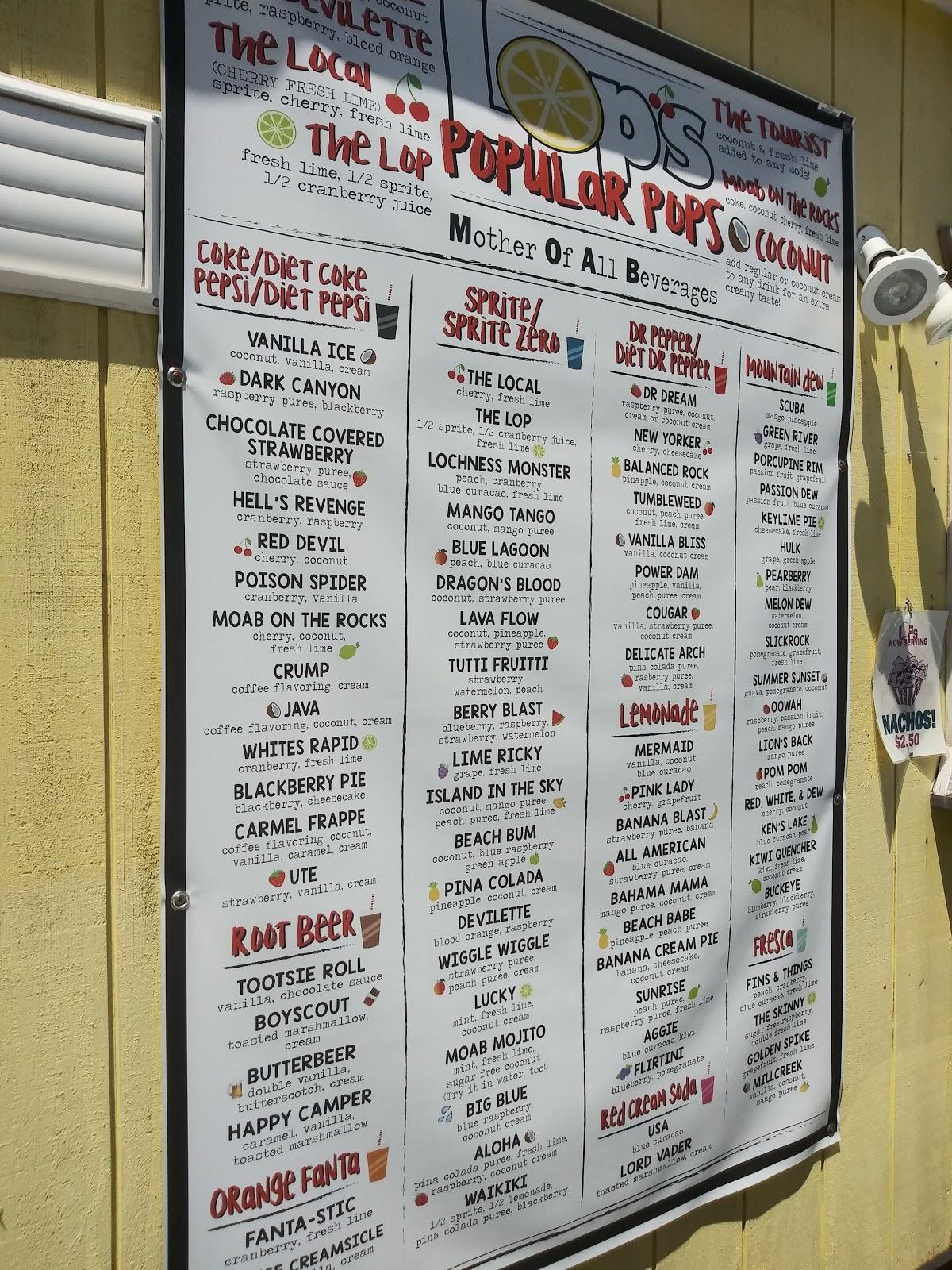 Menu at Lops Pop Shop pub & bar, Moab