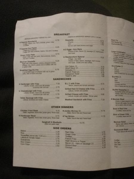 Menu at Mill Stop Cafe, Pueblo
