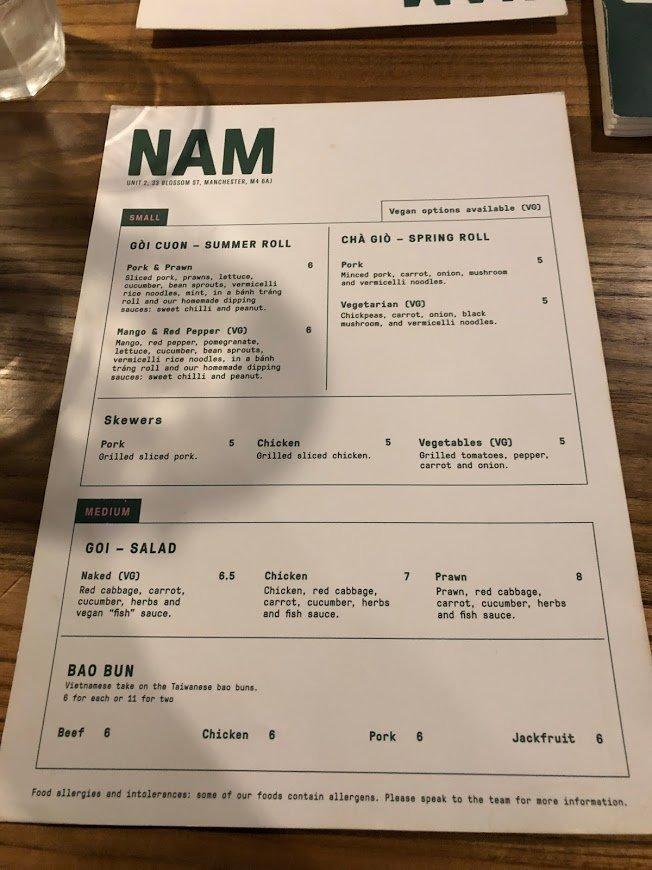 Menu at Nam Manchester pub & bar, Manchester