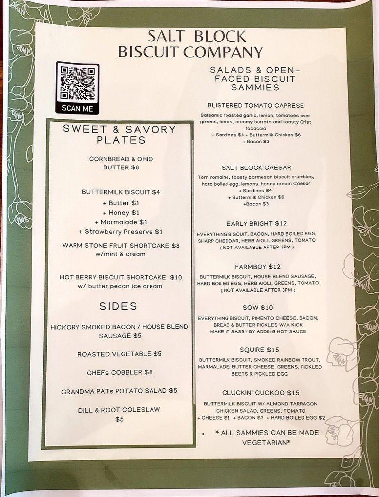 Menu at Salt Block Biscuit Co. cafe, Dayton