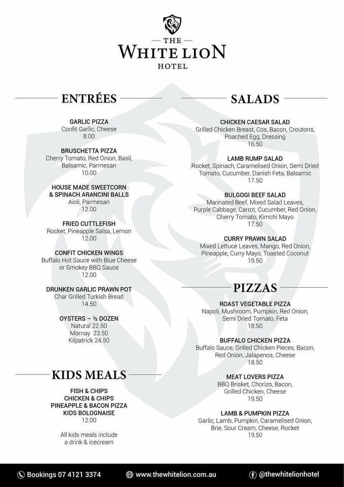 Menu at The White Lion Hotel pub & bar, Maryborough
