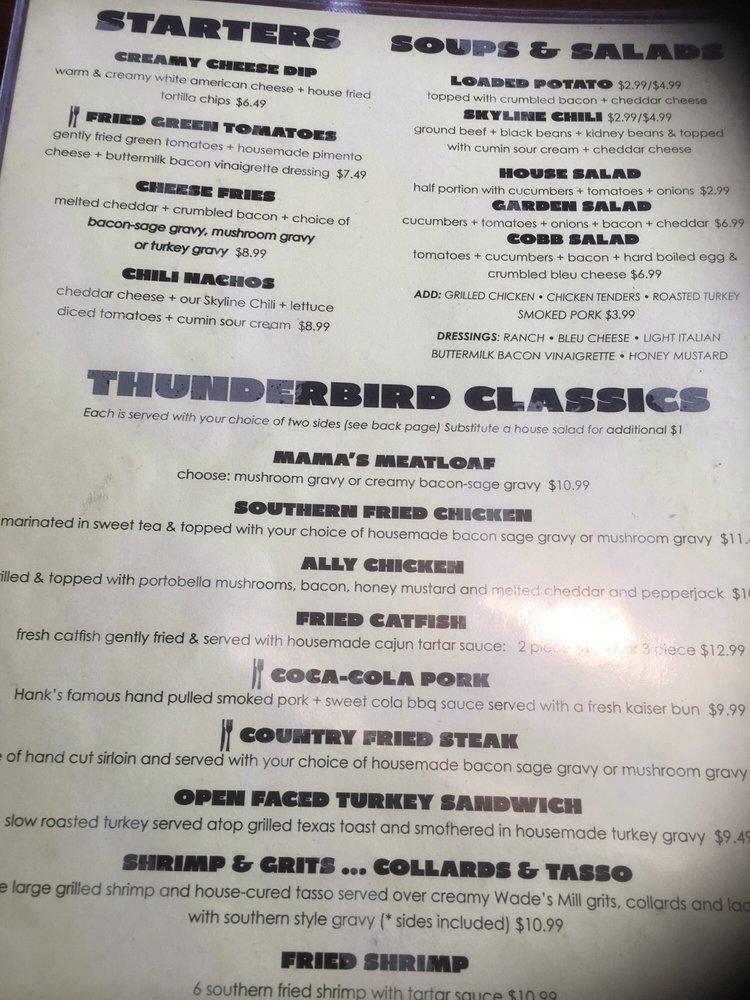 Menu at Thunderbird Cafe, McGaheysville