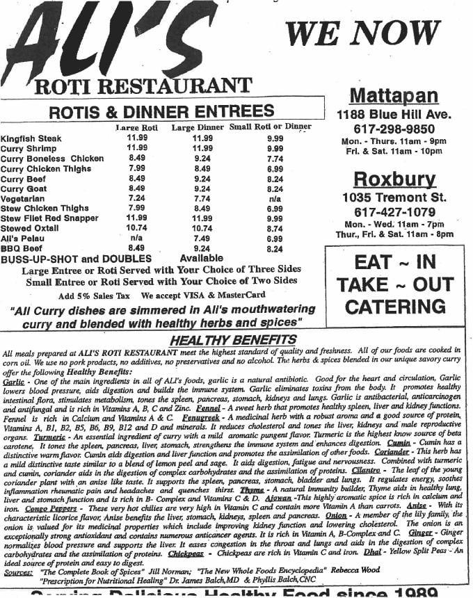 Menu at Ali's Roti Restaurant, Boston, Tremont St