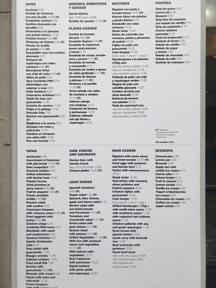 Menu at Bar Lobo, Barcelona