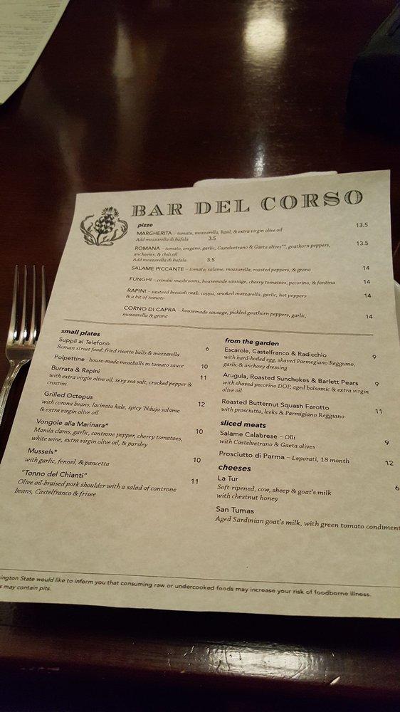 Menu at Bar del Corso, Seattle