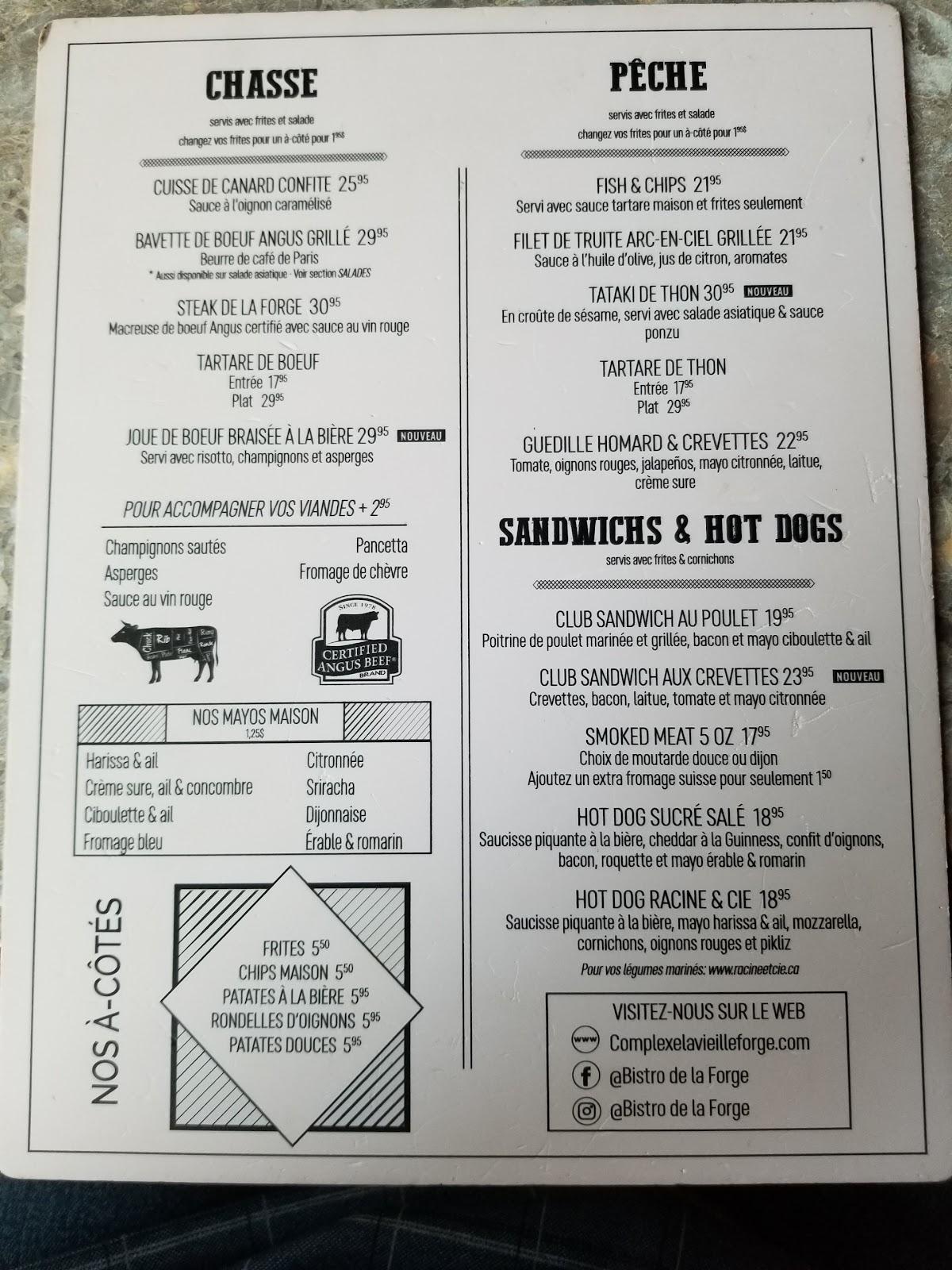Menu au Bistro de la Forge pub et bar, Rimouski, 31 Rue St Germain E