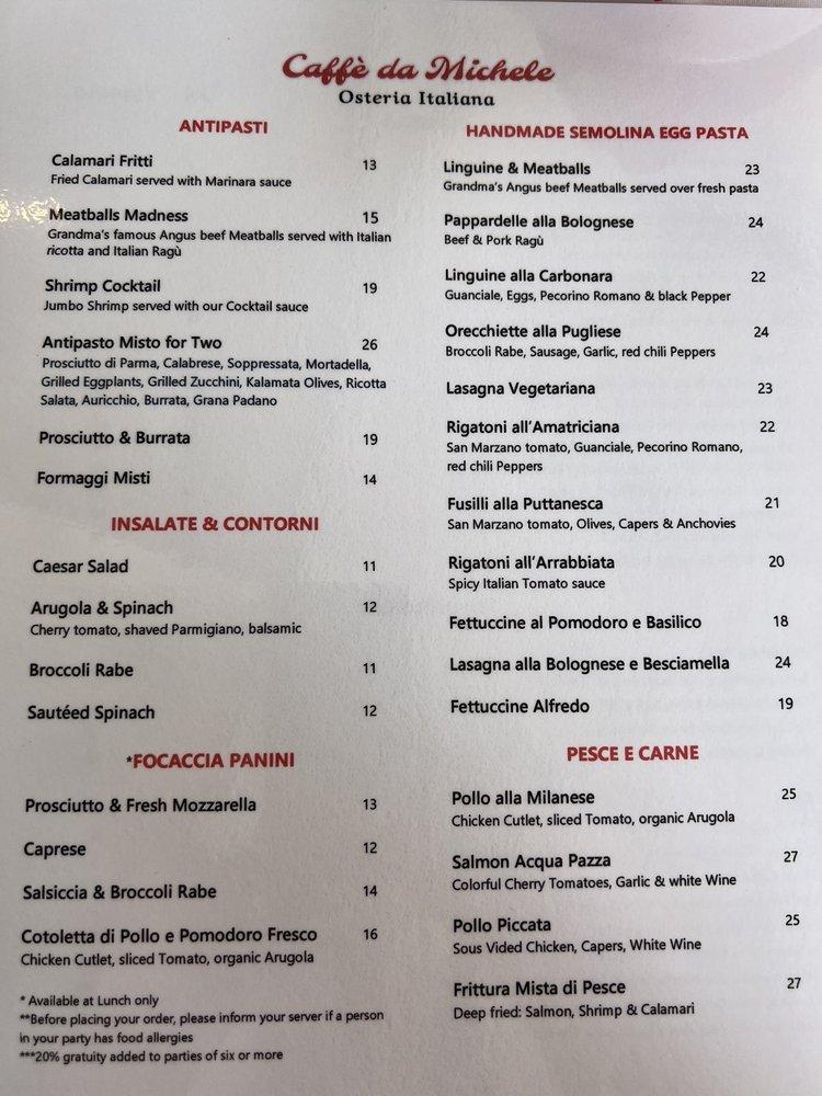 Menu at Caffe' da Michele Osteria Italiana restaurant, Estero