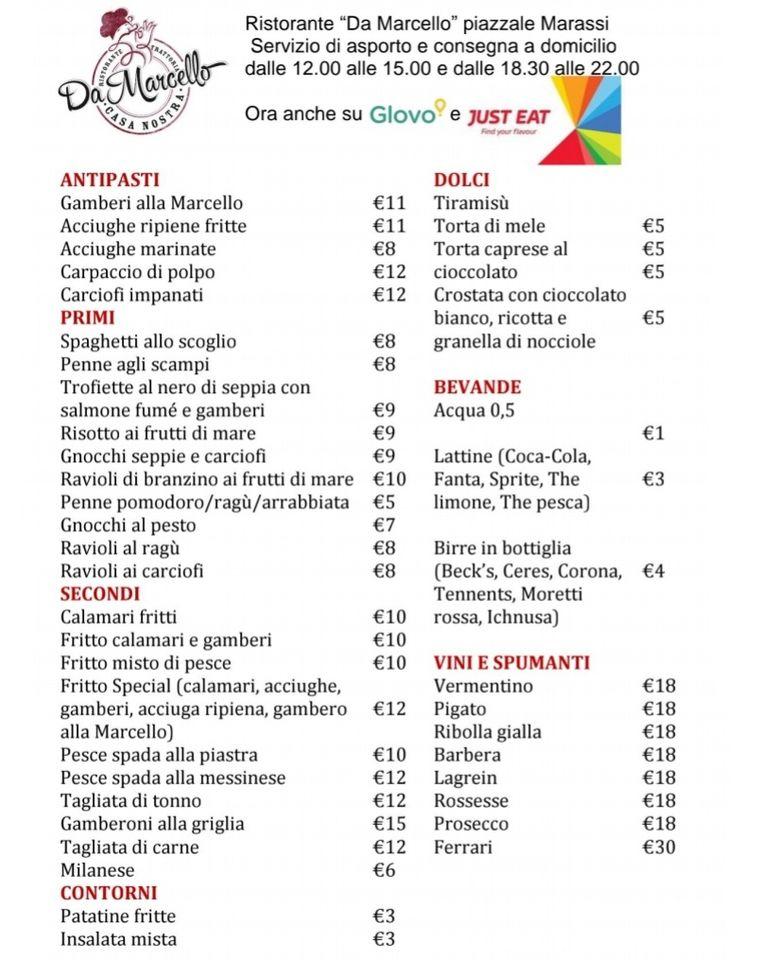 Menu da Da Marcello ristorante, Genova, Piazza Marassi