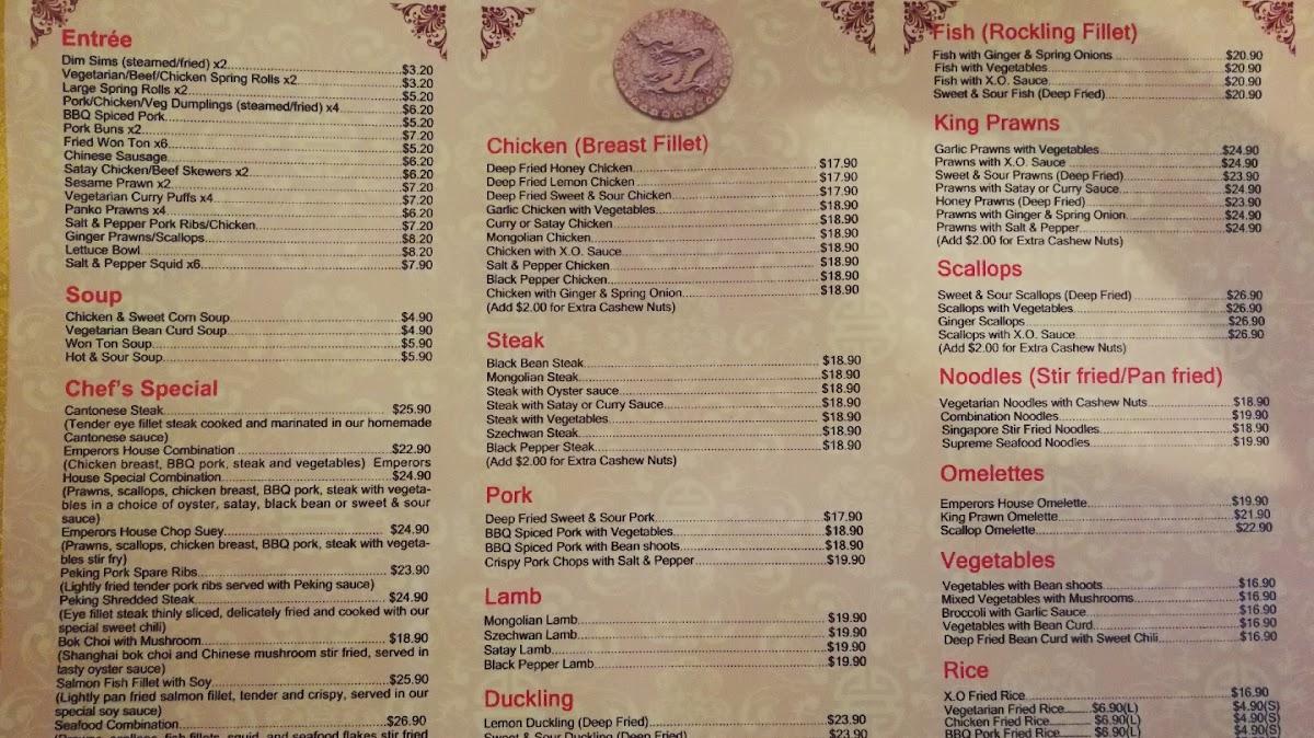 Menu at Emperors House restaurant, Warrnambool