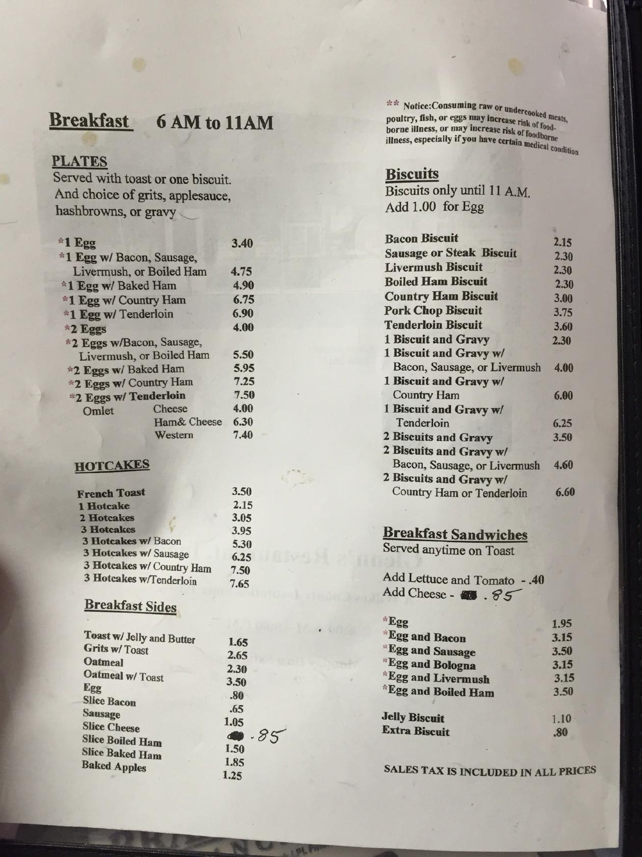 Menu at Glenn's restaurant, Wilkesboro