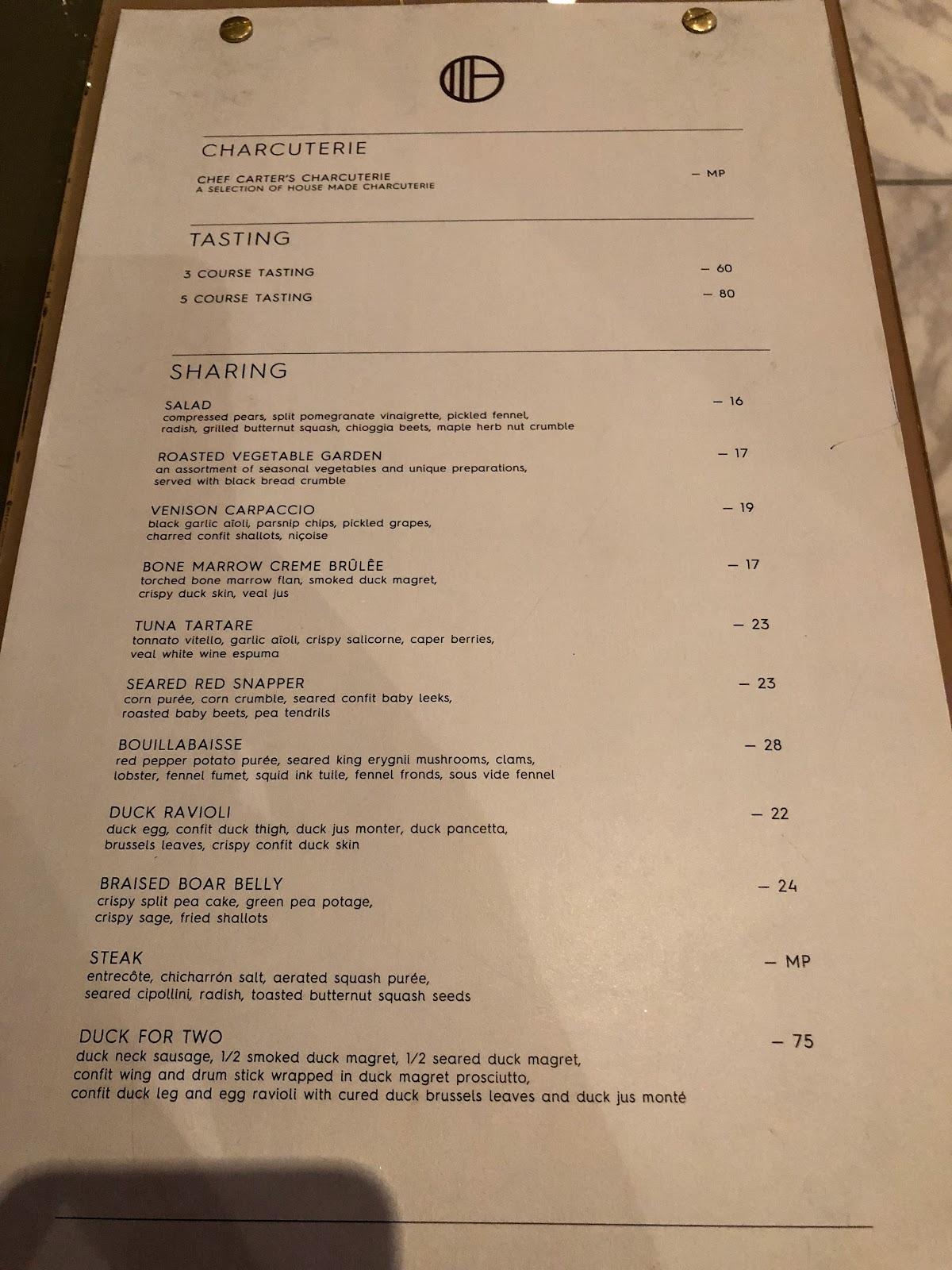 Menu at Hopkins restaurant, Montréal, Monkland Ave