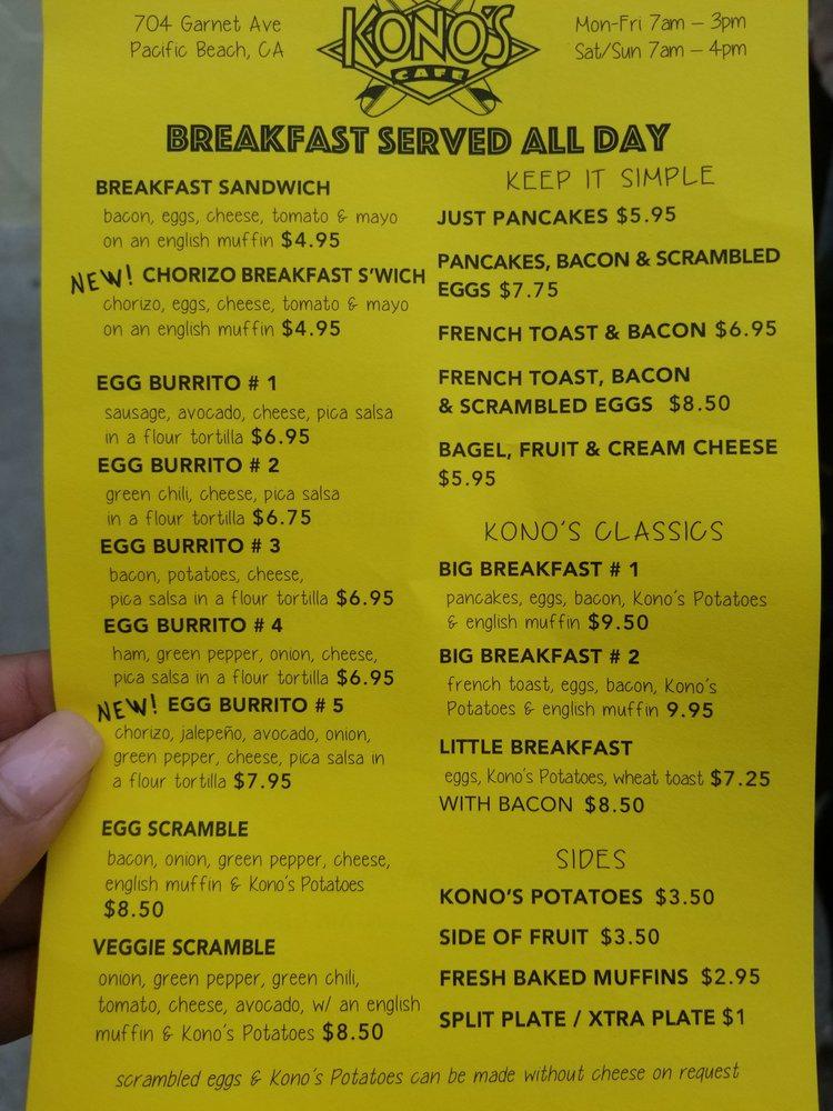 Menu at Kono's Cafe, San Diego