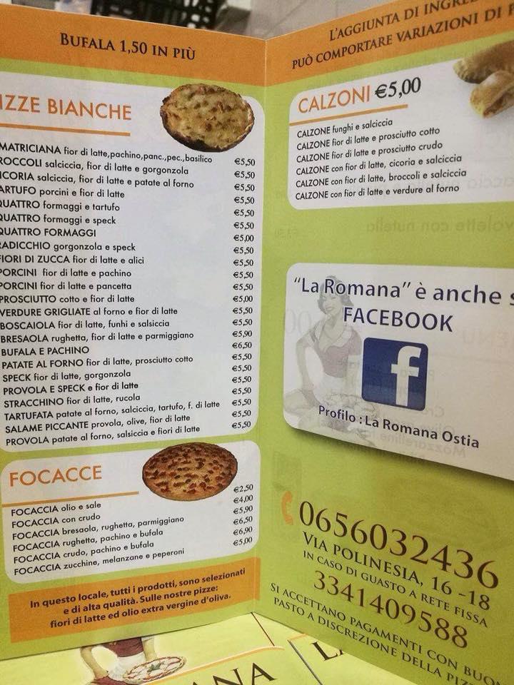 Speisekarte von La Romana pizza, ROM, Via Polinesia