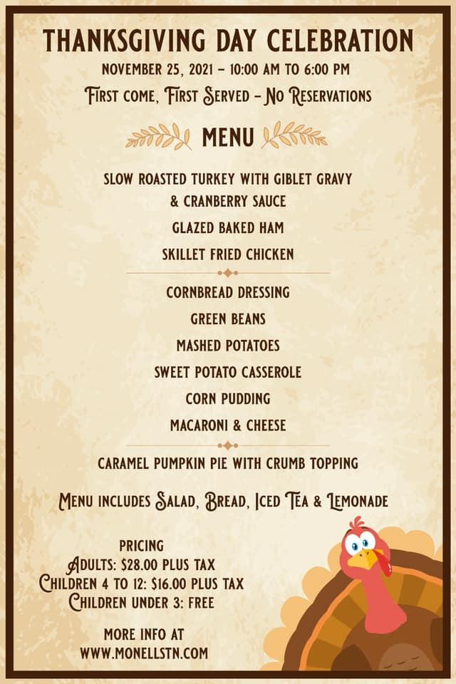 Menu at Monell's At the Manor restaurant, Nashville