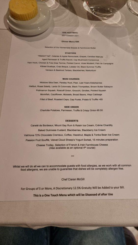 Menu at One Pico Restaurant, Dublin