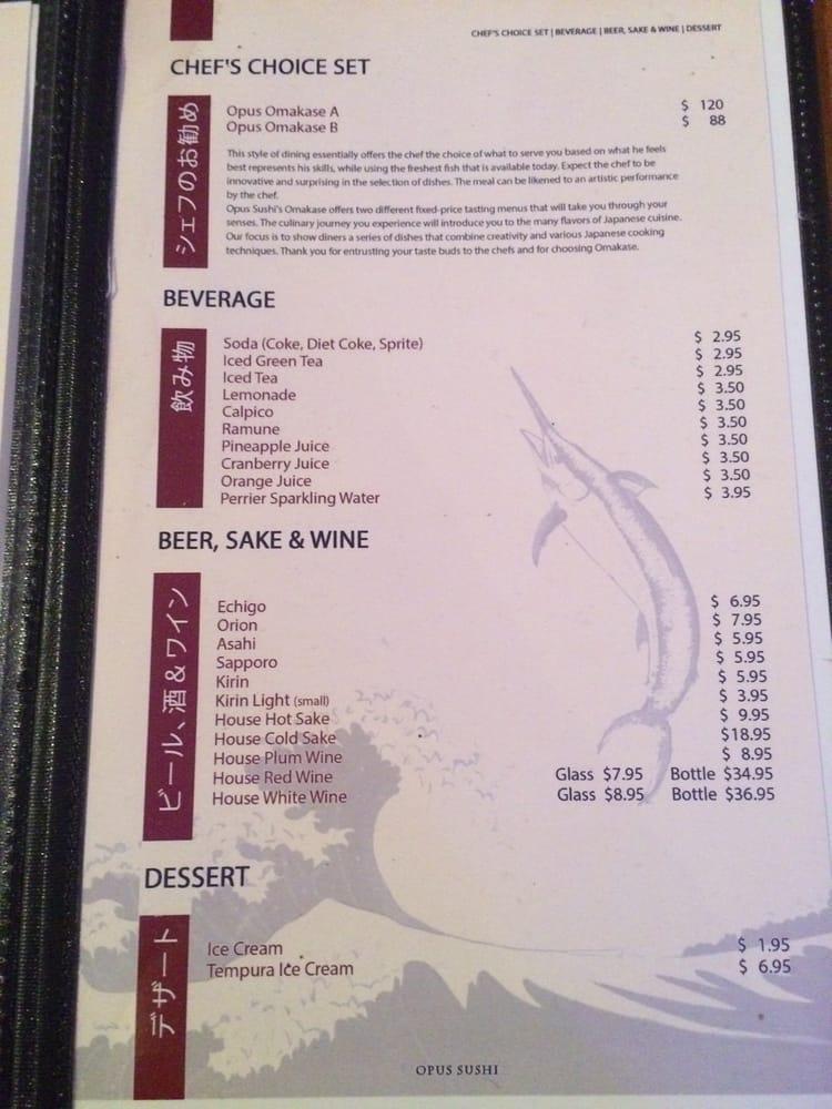 Menu at Opus Sushi restaurant, Arcadia