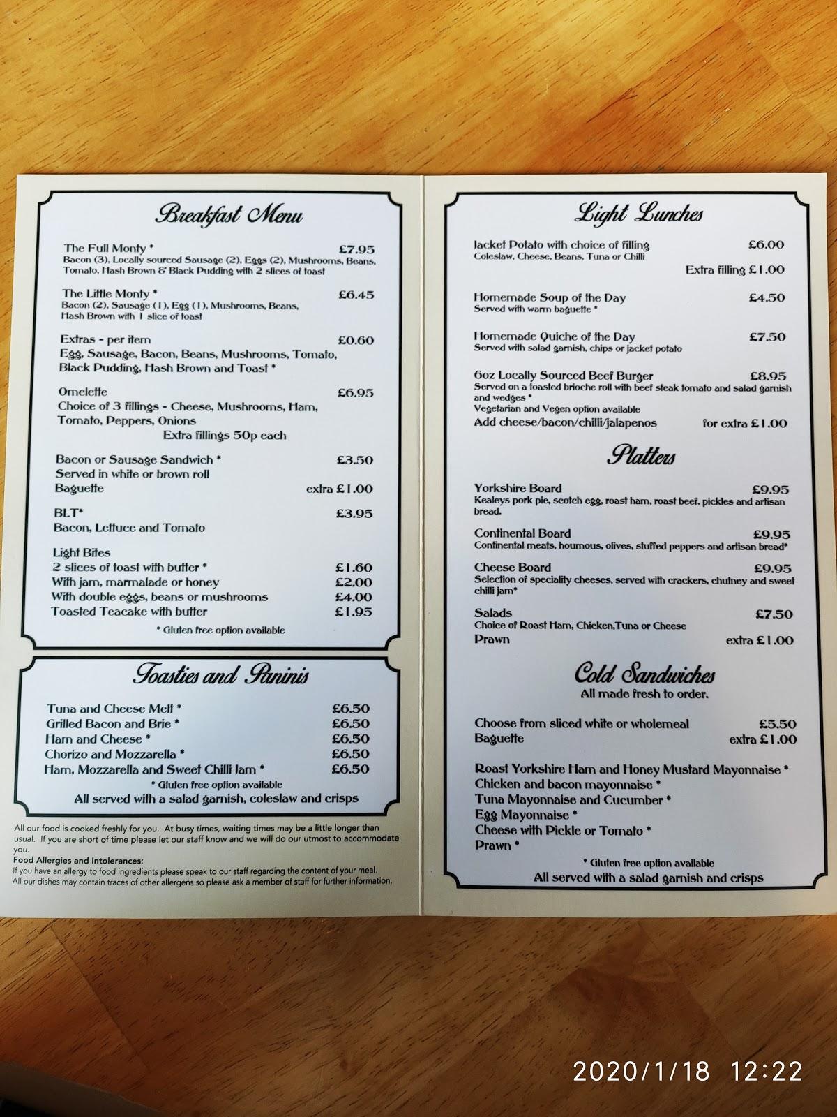 Menu at The Lemon Tree cafe, Tadcaster