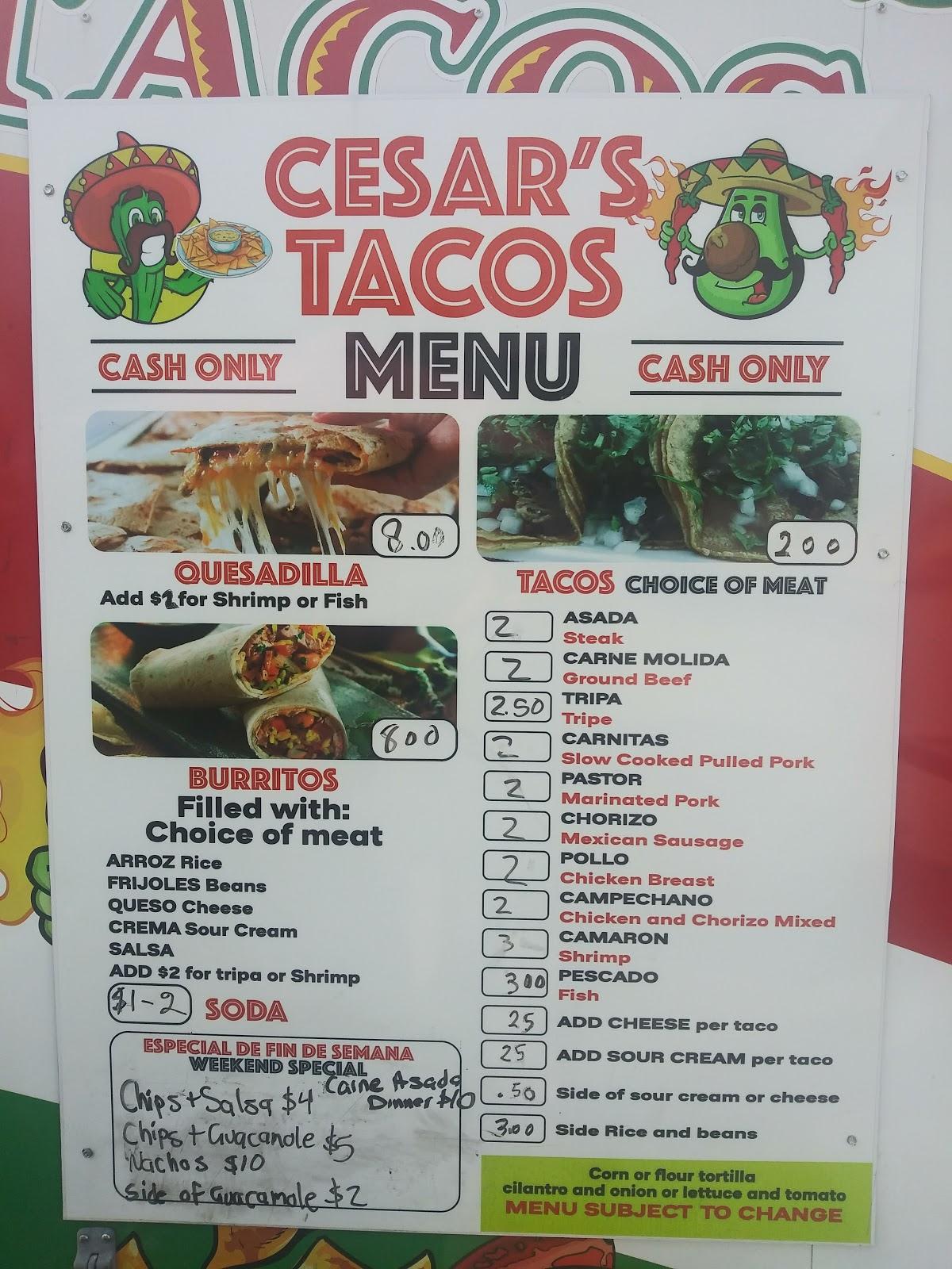 Menu at Cesar's Tacos restaurant, Port Charlotte