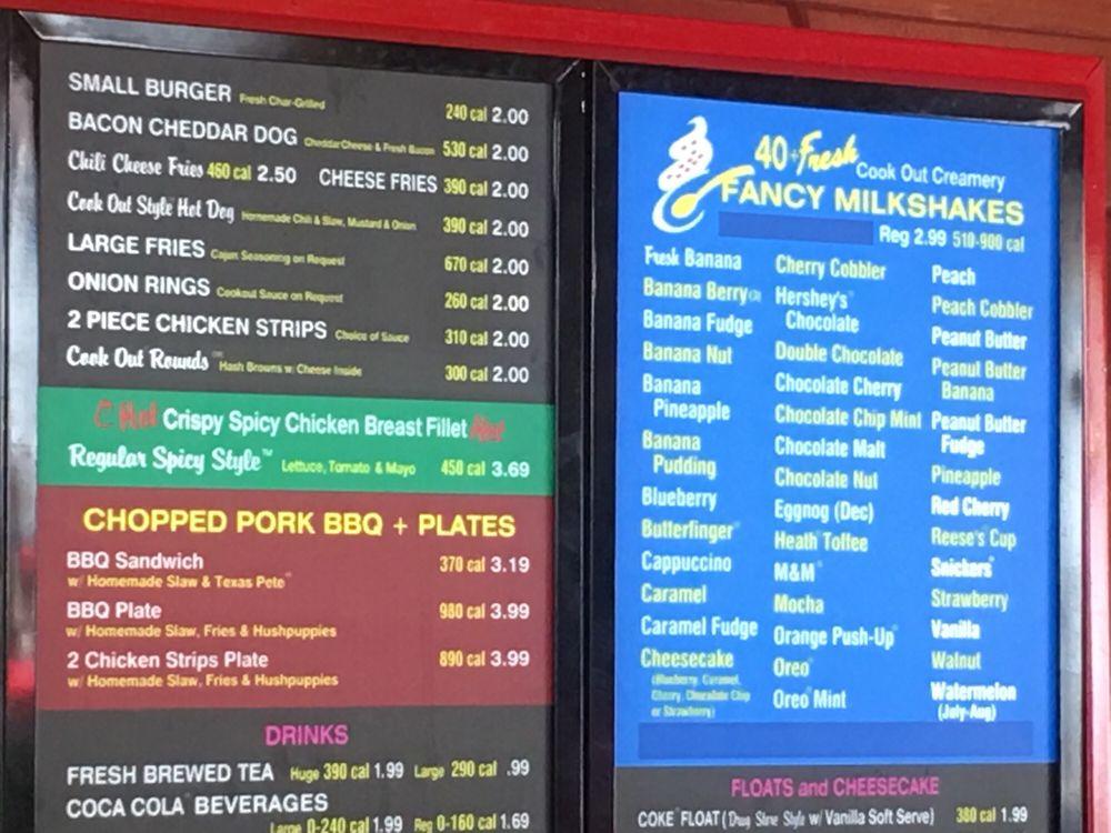 Menu at Cook Out fast food, Boiling Springs