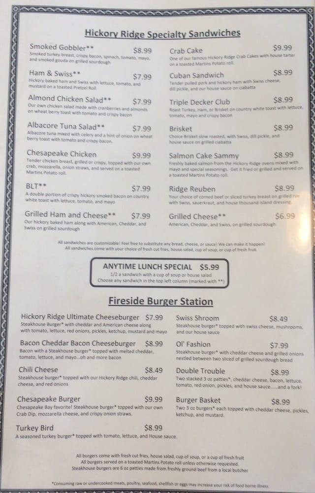 Menu at Hickory Ridge Restaurant, Chambersburg