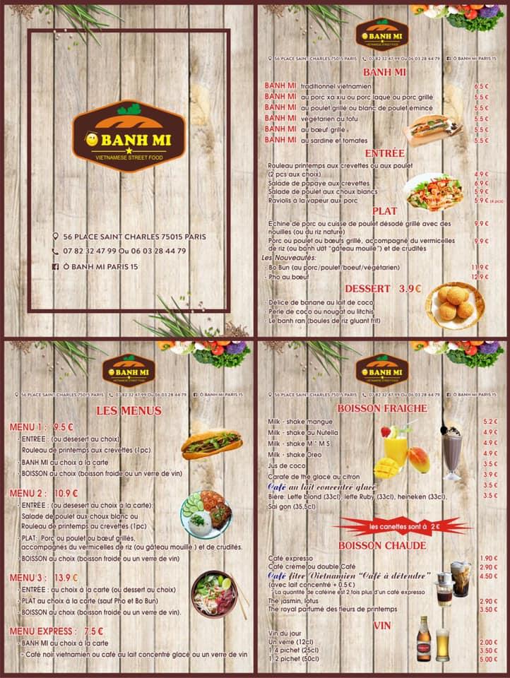 Menu at Ô Banh Mi restaurant, Paris