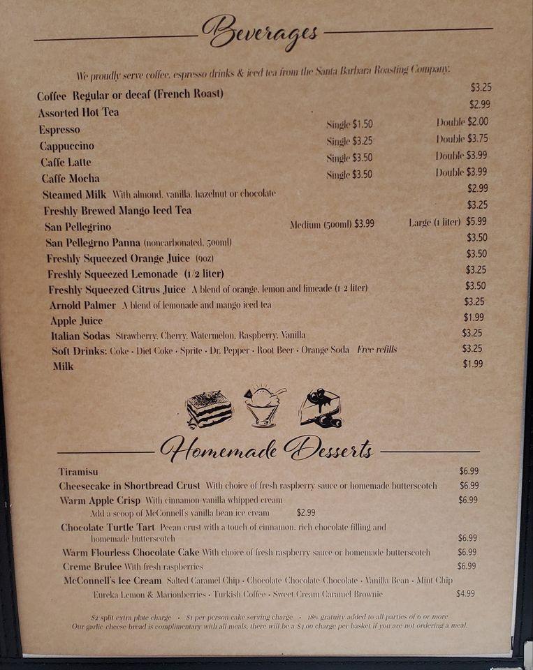 Menu at Pascucci restaurant, Santa Barbara