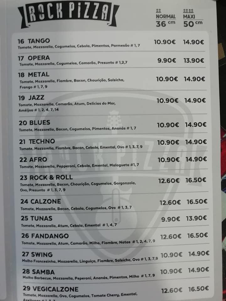 Menu at Rock Pizza restaurant, Agueda