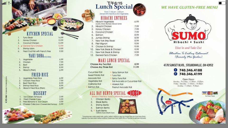 Carta del restaurante Sumo, Steubenville