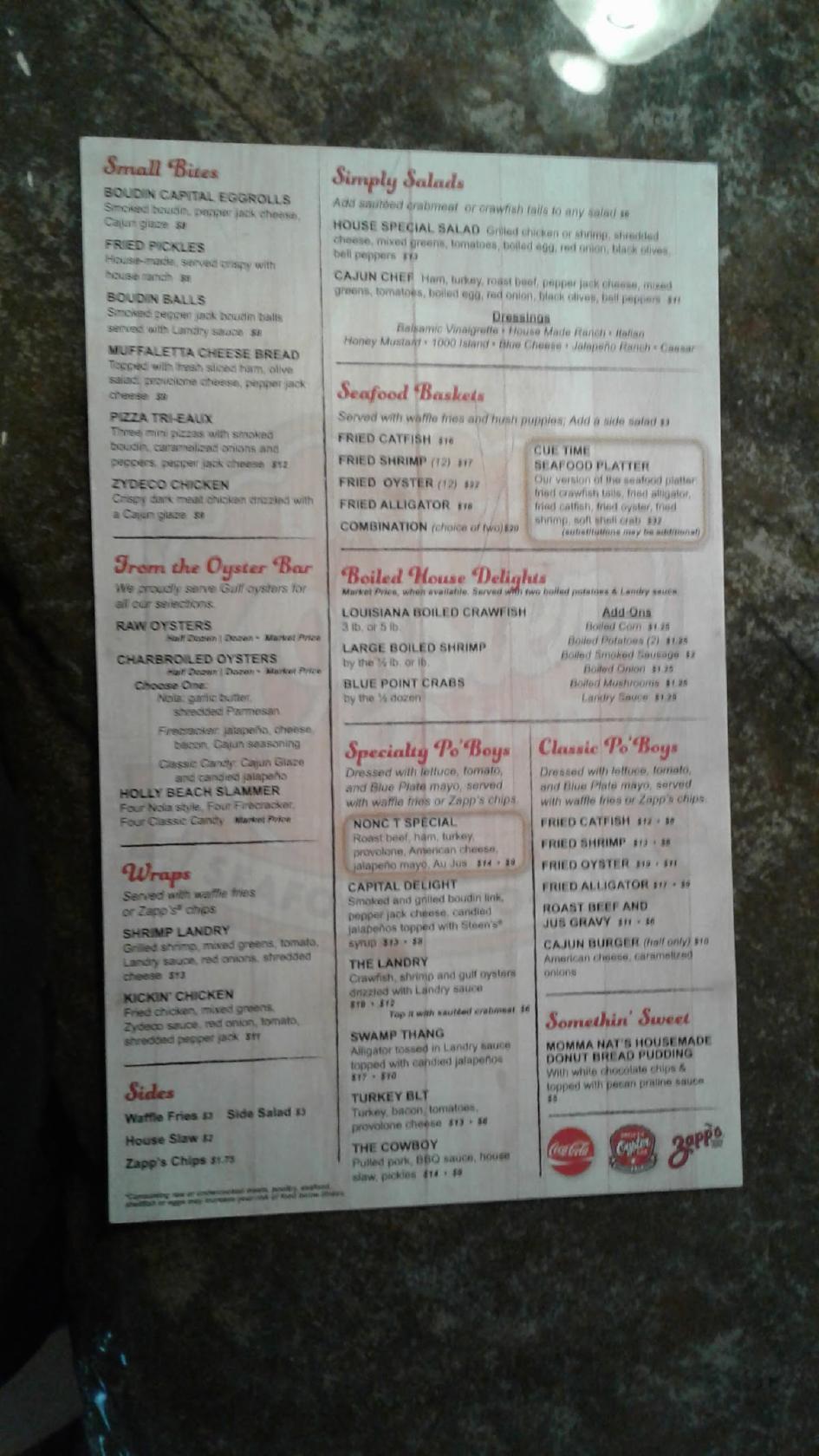 Menu at Uncle T's Oyster Bar, Scott