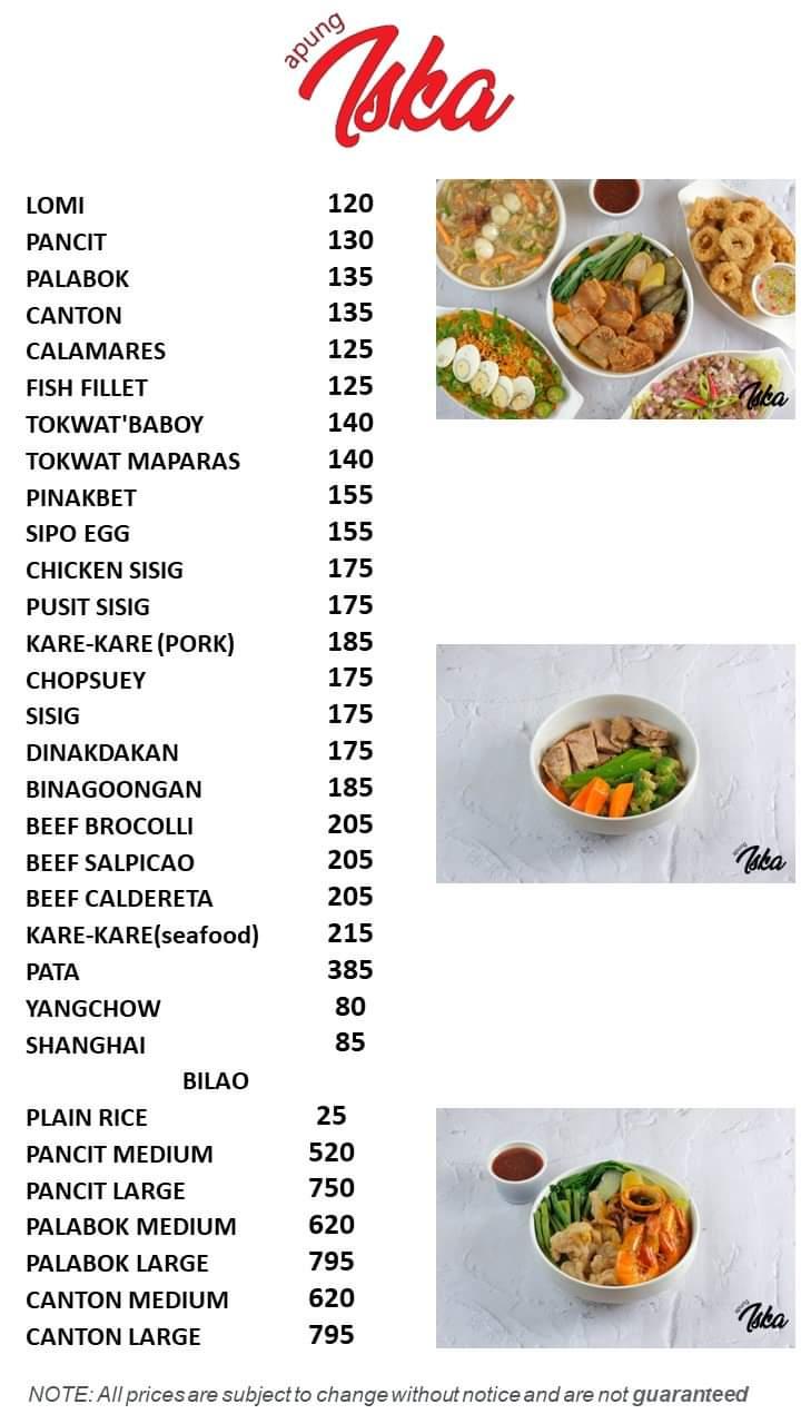 Menu at Apung Iska Panciteria and Lomi restaurant, Tarlac City