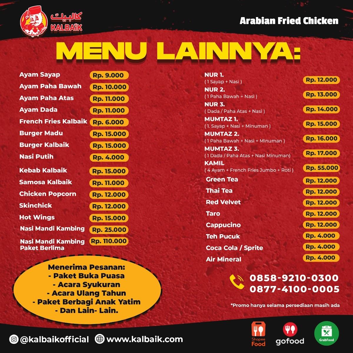 Menu at Arabian Fried Chicken restaurant, East Jakarta
