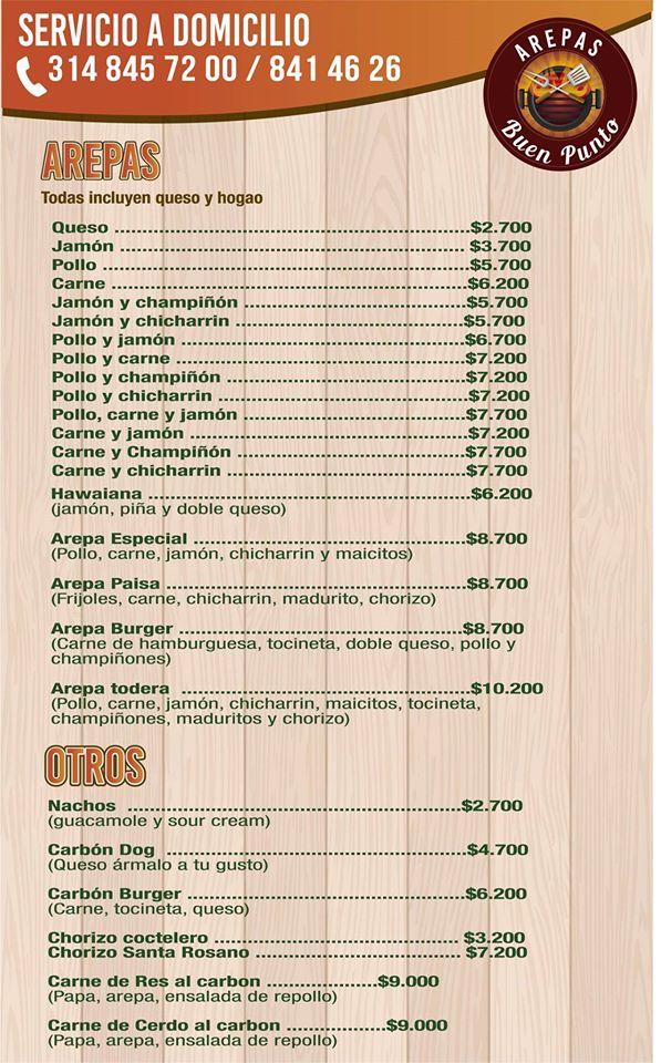 Menu at Arepas Buen Punto restaurant, Andes