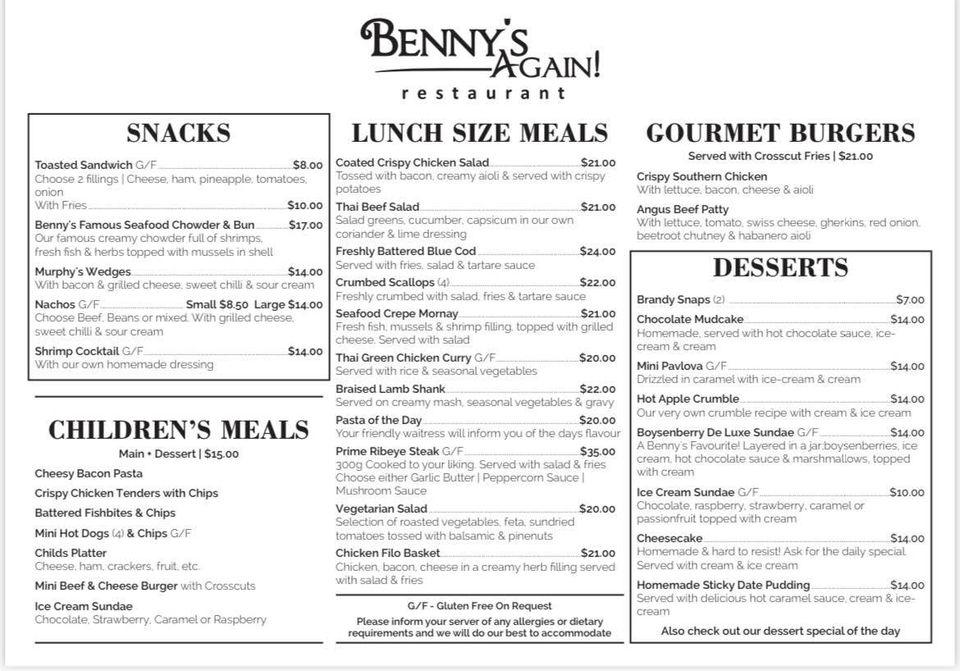 Menu at Benny's Again Restaurant, Timaru, 312 Otipua Rd