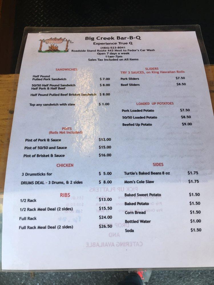 Menu at Big Creek Bar-B-Q, Lehighton