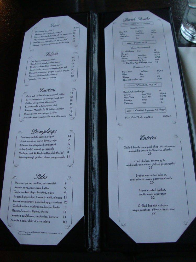 Menu at Burch Steak steakhouse, Minneapolis
