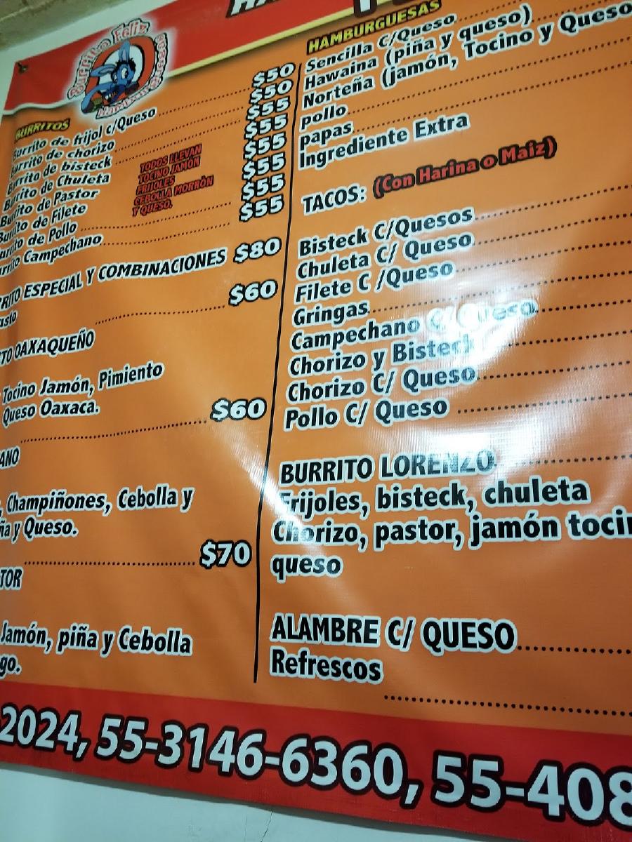 Menu at Burro Feliz restaurant, Naucalpan