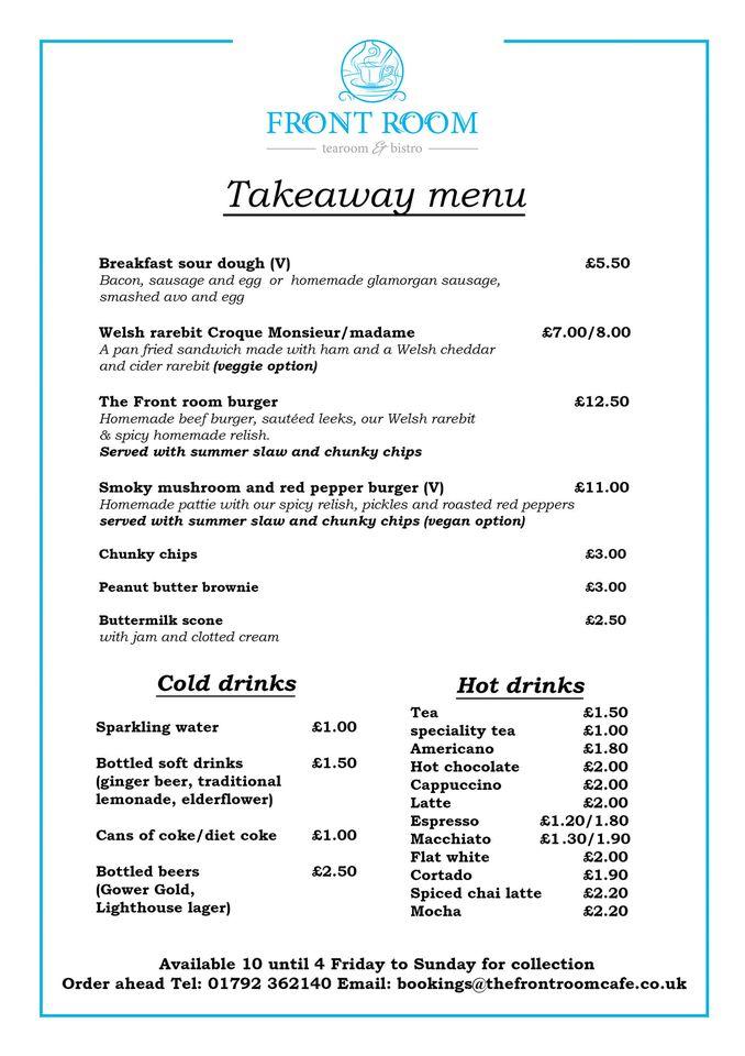 Menu at Front Room cafe, The Mumbles