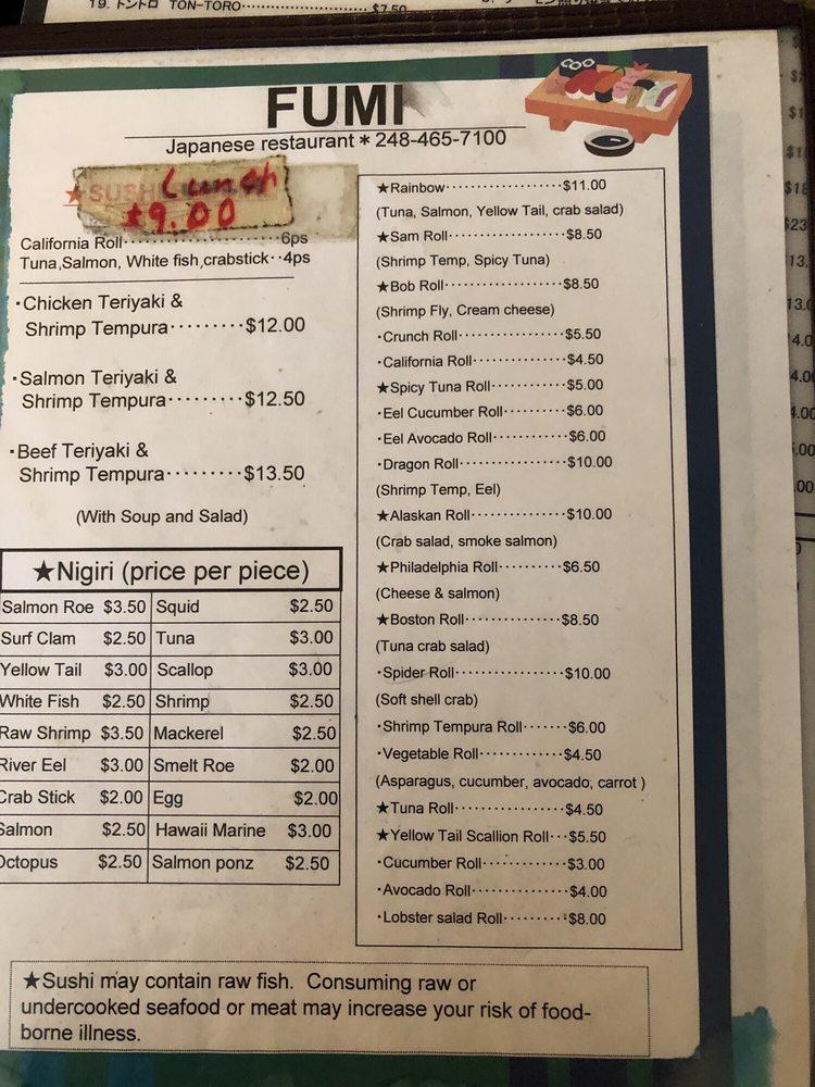 Menu at Fumi Japanese Restaurant, Novi