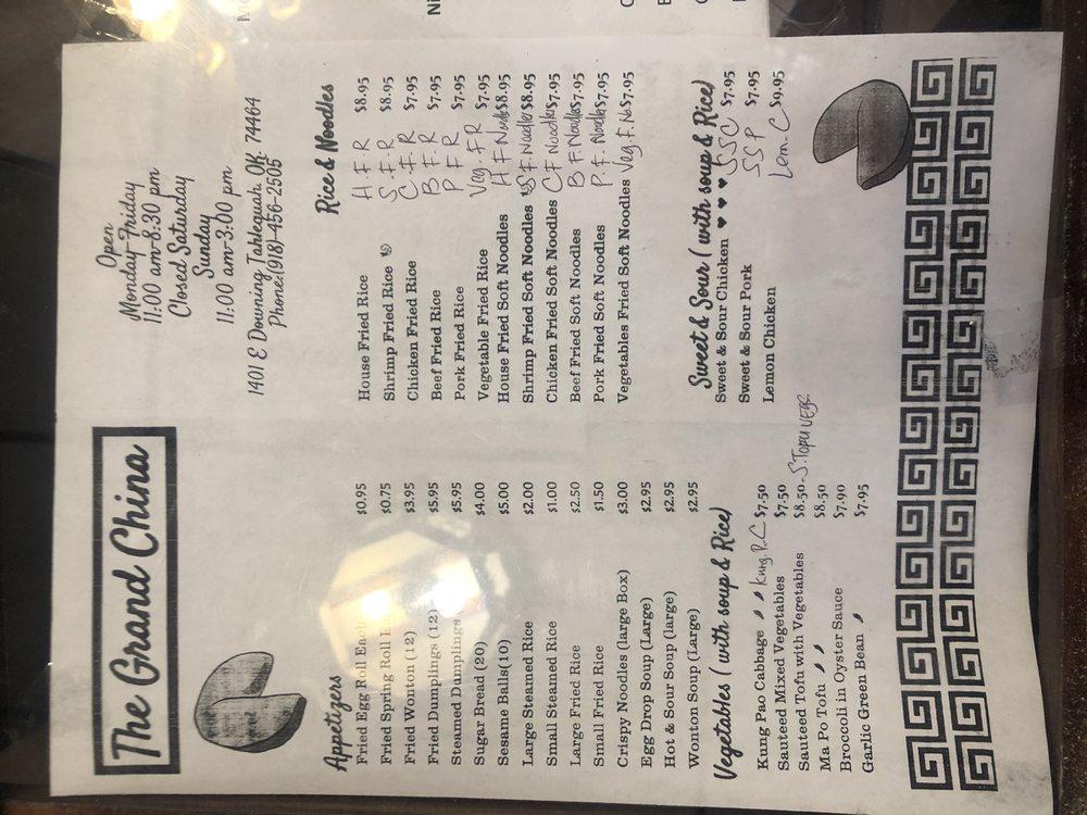 Menu at Grand China restaurant, Tahlequah, E Downing St